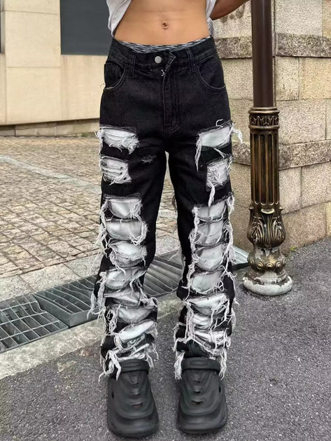 Ripped ripped patch jeans – Yonmos